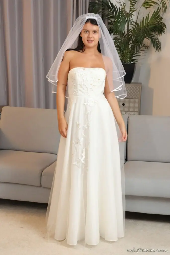 Only Tease Kelsey in a wedding dress with sheer white stockings
