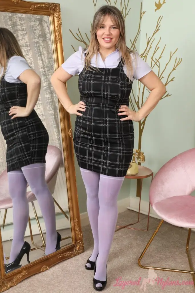 Layered-Nylons Siobhan Graves in a plaid minidress and high heels