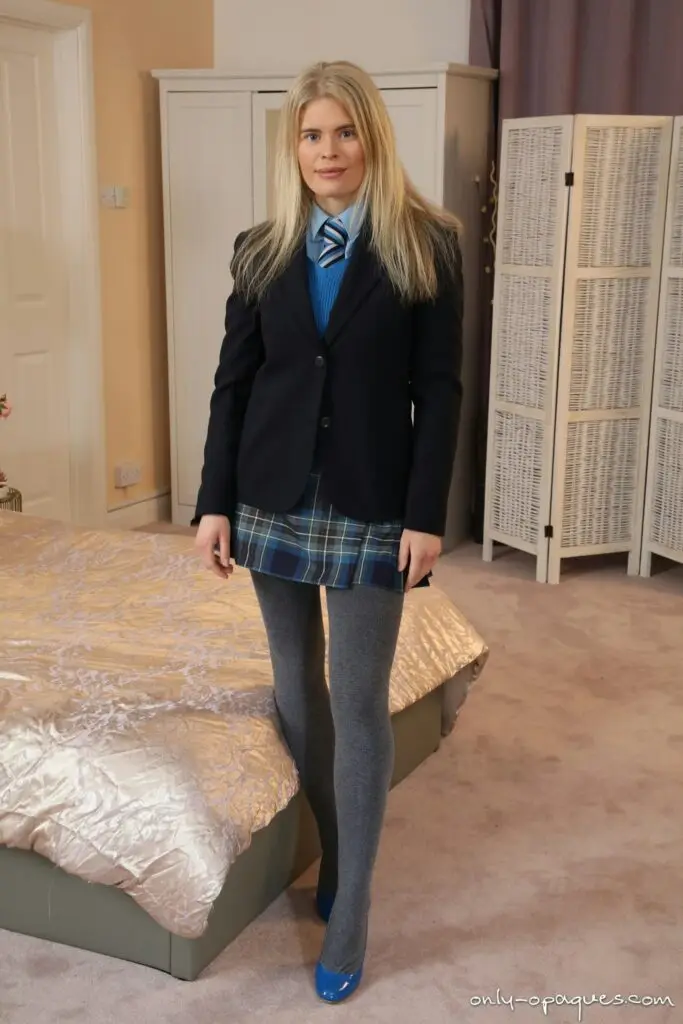 Only-Opaques Tayla in a college uniform and grey opaque tights